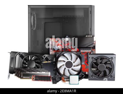 PC components. Motherboard with CPU Fan and memory DRAM modules.DDR4 ...