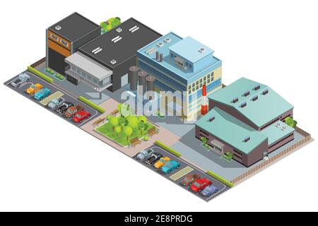 Industrial buildings isometric composition with parking lot cargo handling garages trucks and ...