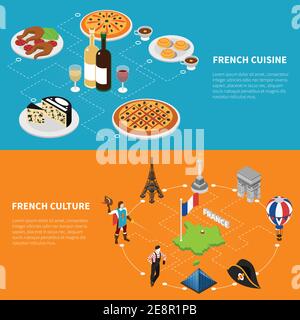 French culture elements and landmarks, flag and map of France, food ...