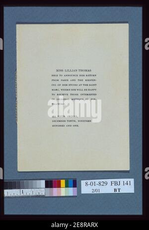 Miss Lillian Thomas begs to announce her return from Paris Stock Photo ...