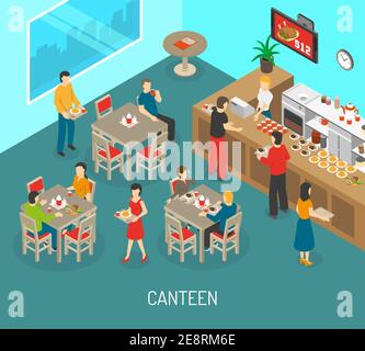 In Office Canteen Eat Colleagues Together Vector. Company Employees ...