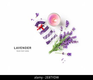 Lavender flowers and leaves bunch, sachet and candle creative layout on ...