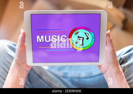 Tablet screen displaying an online music lesson concept Stock Photo - Alamy