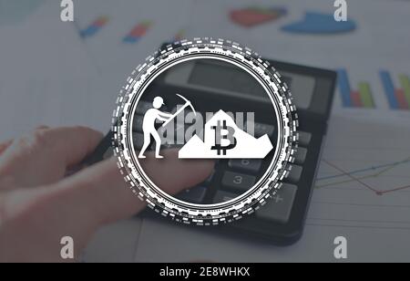 Bitcoin mining concept illustrated by a picture on background Stock ...