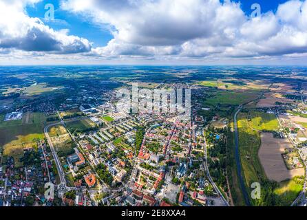 Top aerial panoramic view of Lowicz old town historical city centre ...