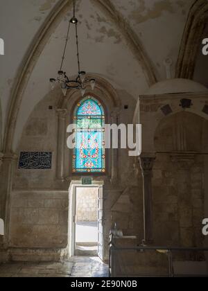 Stained glass window inside the Cenacle also known as the Upper Room ...