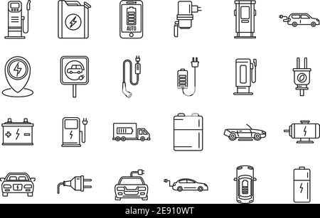 Hybrid car icons set. Outline set of hybrid car vector icons neon color ...