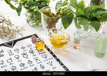 Alchemical symbols and ingredients for preparing potions on dark wooden ...