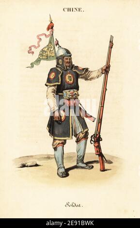 Chinese soldier with flintlock musket, 18th century. In helmet and ...