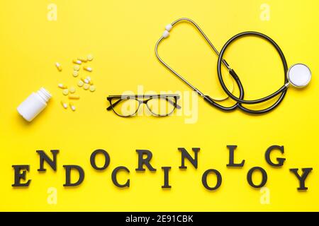 Word ENDOCRINOLOGY and pills on color background Stock Photo - Alamy