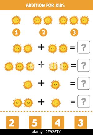 Math game worksheet. Cartoon sun characters, rainbow and clouds ...