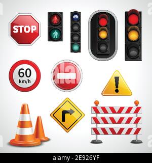 Road traffic flow regulatory signs and stoplights colorful glossy ...