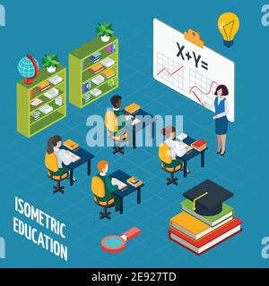 Pupils study in classroom interior. Pupils in school lesson vector ...