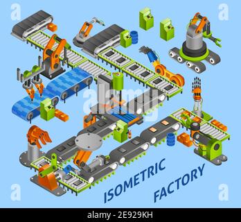 Isometric industrial robots. Assembly line machines, robotic arms with engineer workers and ...