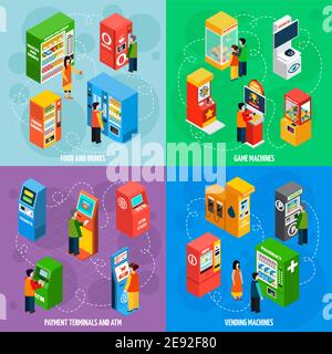 Vending machine isometric set with square compositions of atm drinks coffee machine with cash ...