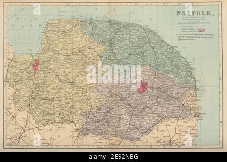 NORFOLK antique county map by GW BACON 1891 old vintage plan chart ...
