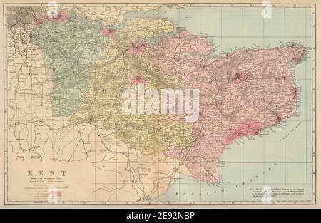 KENT antique county map by GW BACON 1895 old vintage plan chart Stock ...