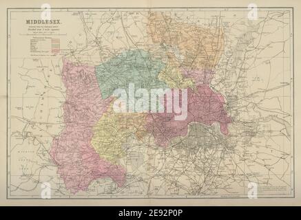 MIDDLESEX antique county map by GW BACON 1891 old plan chart Stock ...
