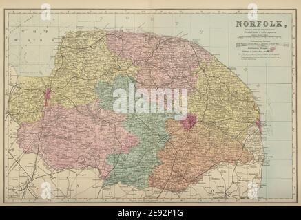 NORFOLK antique county map by GW BACON 1891 old vintage plan chart ...