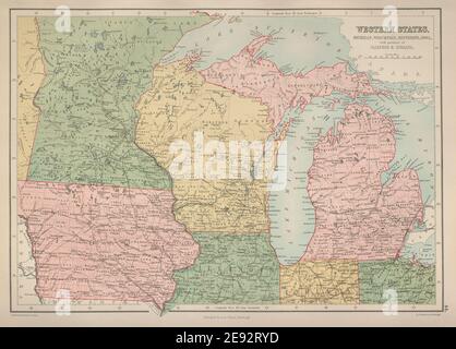Minnesota - Iowa - Wisconsin - Michigan Map labelled black Stock Photo ...