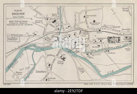 BRECON vintage city town plan. Wales. WARD LOCK 1950 old vintage map ...