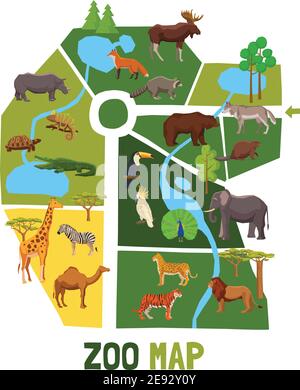 Zoo map concept. Wild animals in jungle family park, vector flat ...