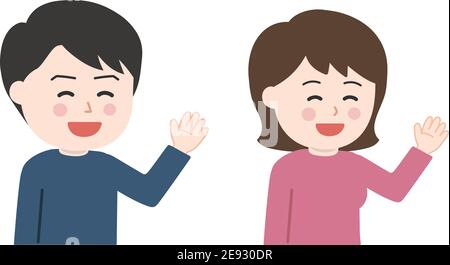 Happy couple saying hello to someone with gestures. Vector illustration ...
