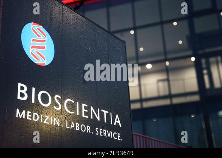 Ingelheim, Germany. 01st Feb, 2021. An illuminated company sign stands ...