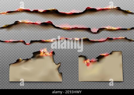 Burn paper borders, burnt page with smoldering fire on charred uneven ...