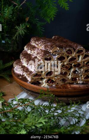 Cake Monastic hut with cherry filling and sour cream, a bouquet of ...
