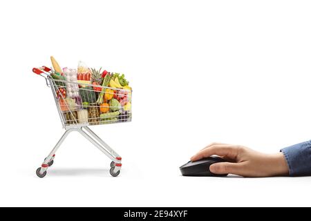 Hand with a computer mouse shopping groceries online isolated on white ...