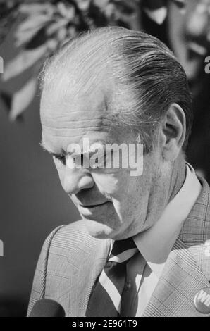 President Gerald Ford portrait at the White House swimming pool in July ...