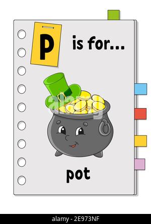Alphabet letter P. Pot of gold. ABC flash cards. Cartoon cute character ...