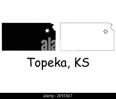 Kansas KS state Maps with Capital City Star at Topeka. Black silhouette ...