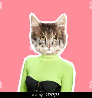 Contemporary art collage. Little cute girl with holiday home decoration ...