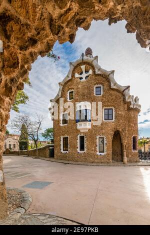 Casa del Guarda at the entrance. Park Guell designed by Antoni Gaudi ...