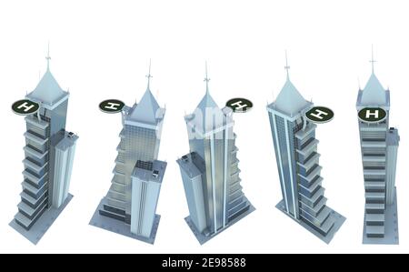 5 renders of fictional design buildings with helipad with cloudy sky ...