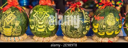 BANNER, LONG FORMAT Water melons with festive engraving on Tet Eve. Tet ...