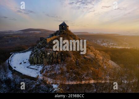 Salgo castle ruins in Hungary. Medieval fort ruins next to Salgobanya ...