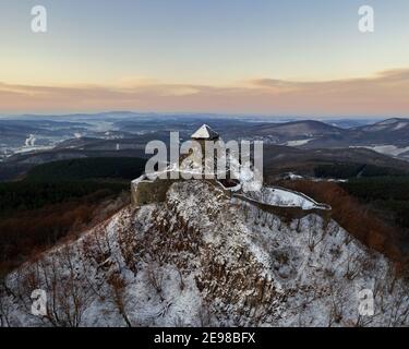 Salgo castle ruins in Hungary. Medieval fort ruins next to Salgobanya ...