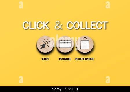 click and collect concept with symbols on round wooden discs on orange ...