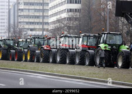 Protest parade with many tractors on Karl-Marx-Allee in Berlin's ...