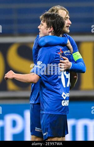 Gent's Matisse Samoise celebrates after scoring during a soccer match ...