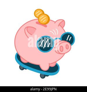 Funny piggy bank in sunglasses on skate. Vector flat line cartoon kawaii character illustration icon. Isolated on white background. Pig bank skateboarder character concept Stock Vector Image Art Alamy