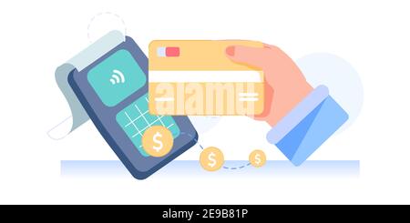 Flat cartoon character makes nfc contactless card payment,vector ...