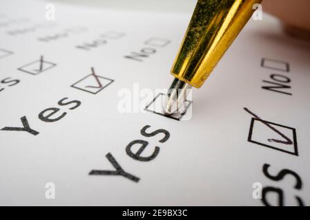 A white sheet of the questionnaire, the answer "yes" is put with a pen ...
