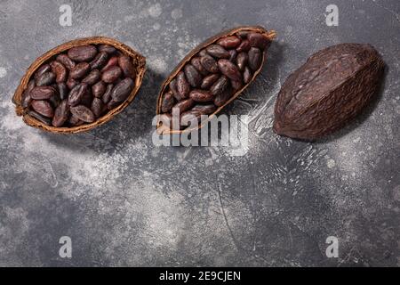 Split fermented cocoa pod with shelled cacao beans atop light grey ...