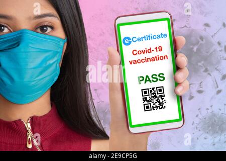 girl with qr code on her face with shopping bags. The concept of ...