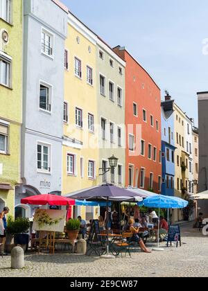 Houses at historic square Hofstatt. The medieval old town of Wasserburg ...