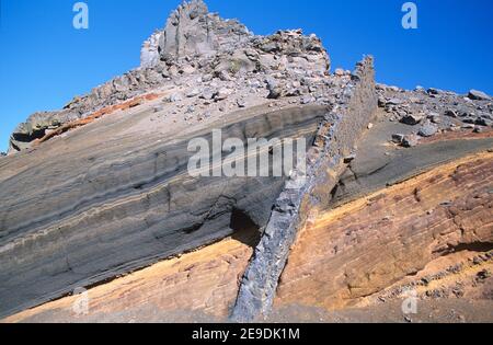 Volcanic dike crossing pyroclastic strata. La Palma Island, Canary ...